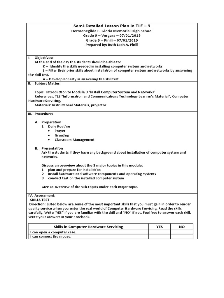 Semi-Detailed Lesson Plan in TLE - 9 | PDF | Computer Hardware | Lesson ...