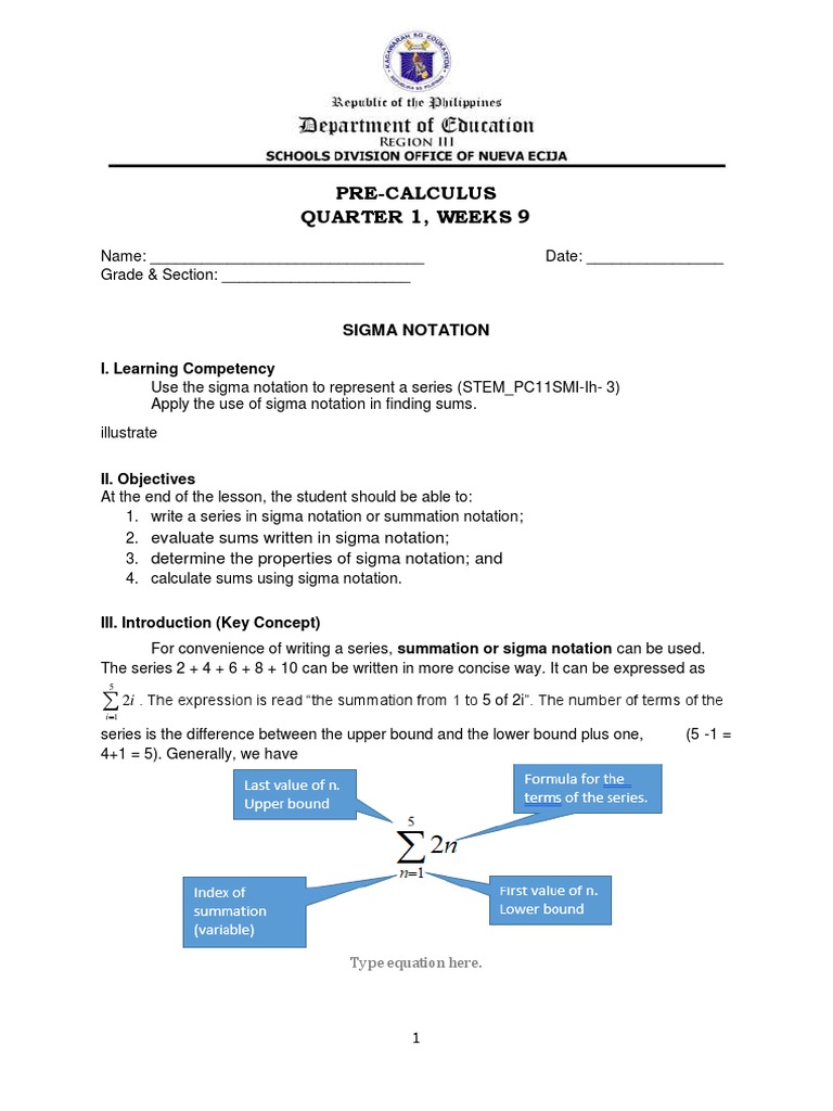 Pre-Calculus Quarter 1, Weeks 9: Sigma Notation | PDF | Summation ...