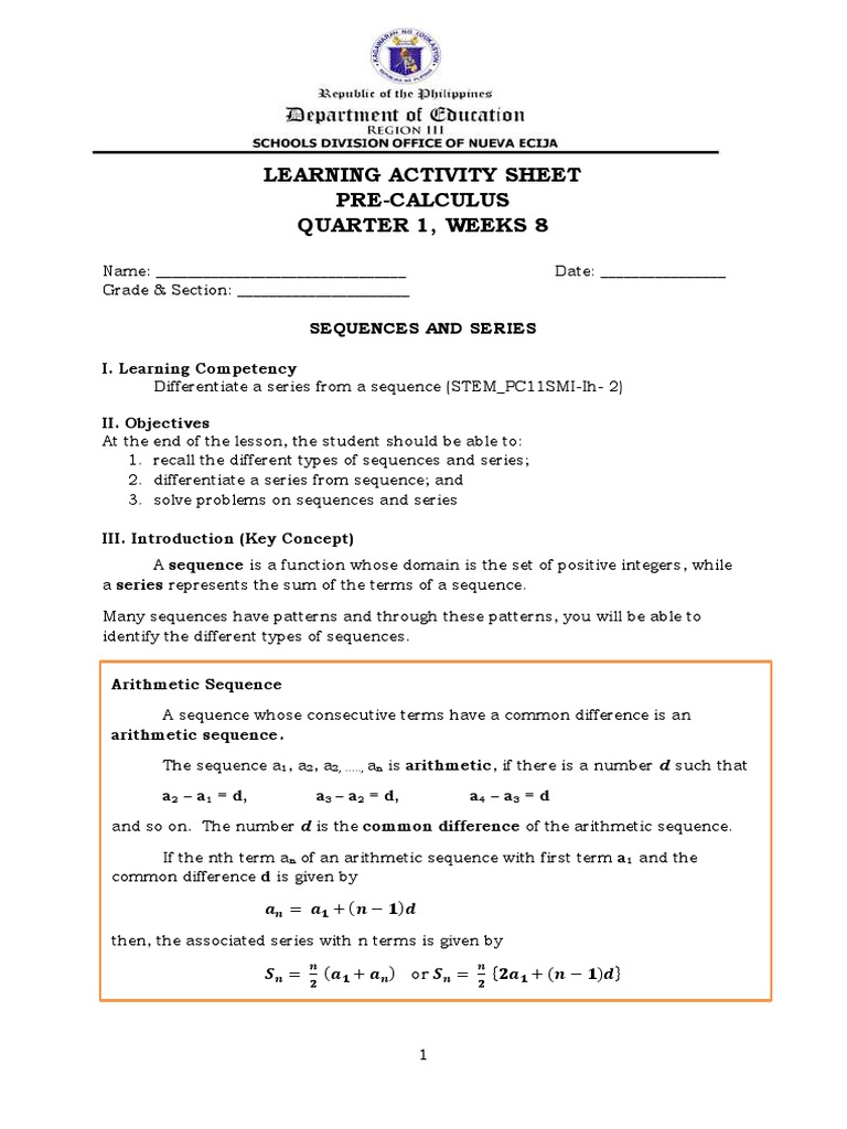 Learning Activity Sheet Pre-Calculus Quarter 1, Weeks 8: Sequences and ...