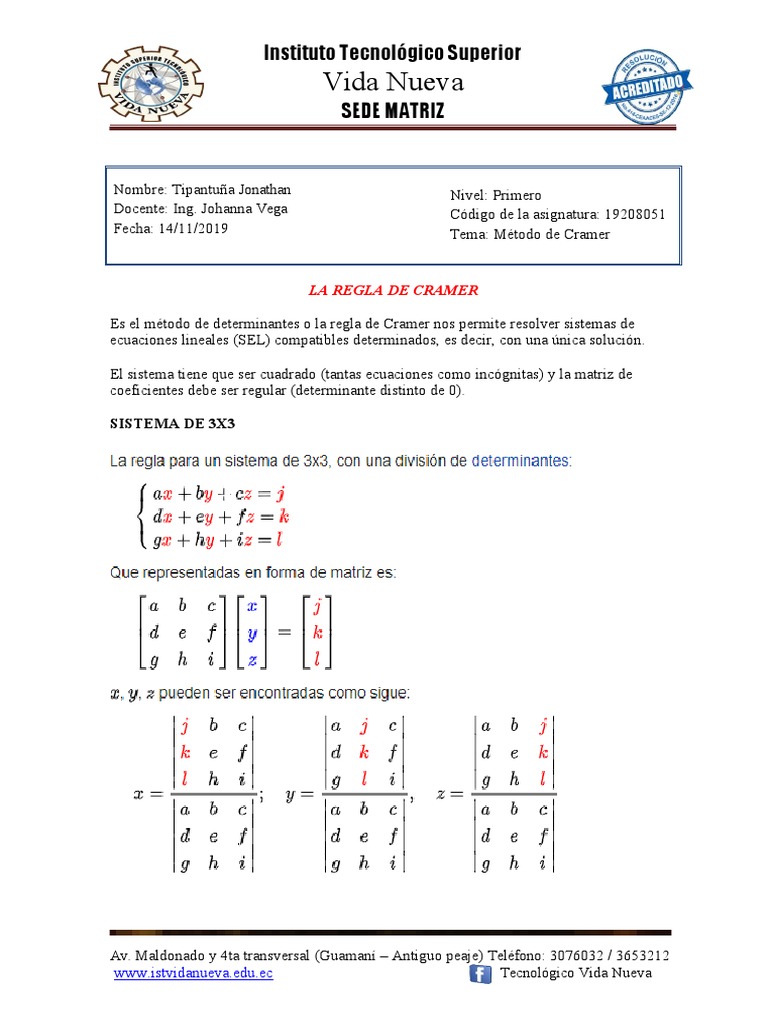Ejercicios Resueltos Método de Cramer 3x3 | PDF