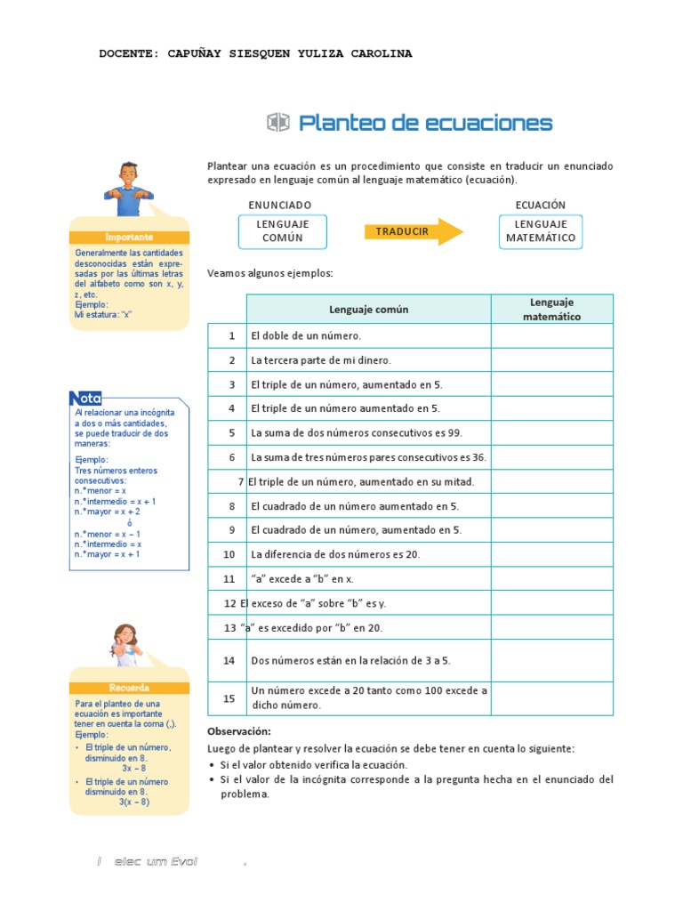 Planteo de Ecuaciones RM Semana 1 | PDF | Ecuaciones | Objetos matemáticos Planteo de Ecuaciones RM Semana 1 | PDF | Ecuaciones | Objetos matemáticos