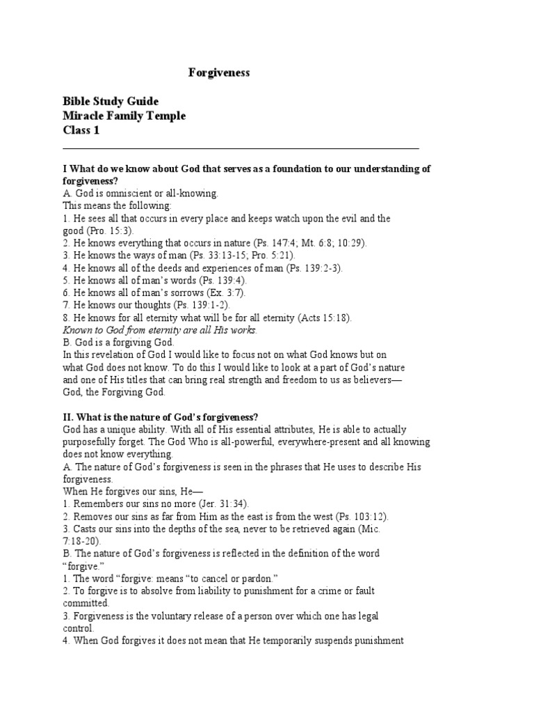Forgiveness Bible Study Guide Miracle Family Temple Class 1 | PDF ...