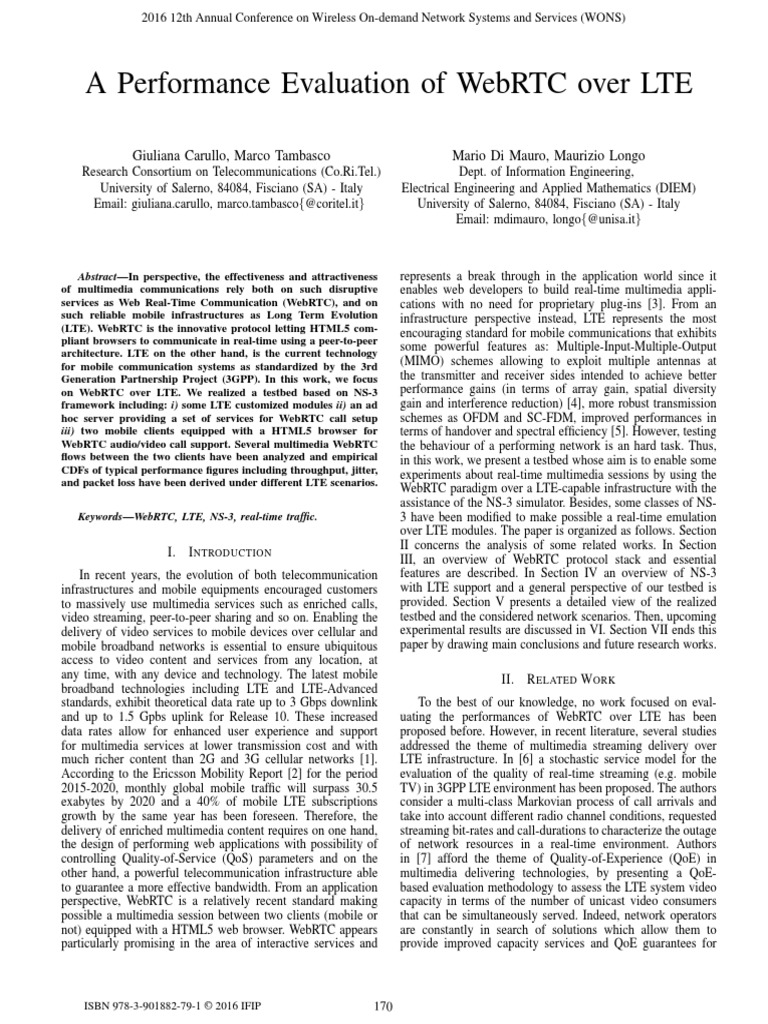 A Performance Evaluation of WebRTC Over LTE | PDF | Session Initiation Protocol | Computer Network