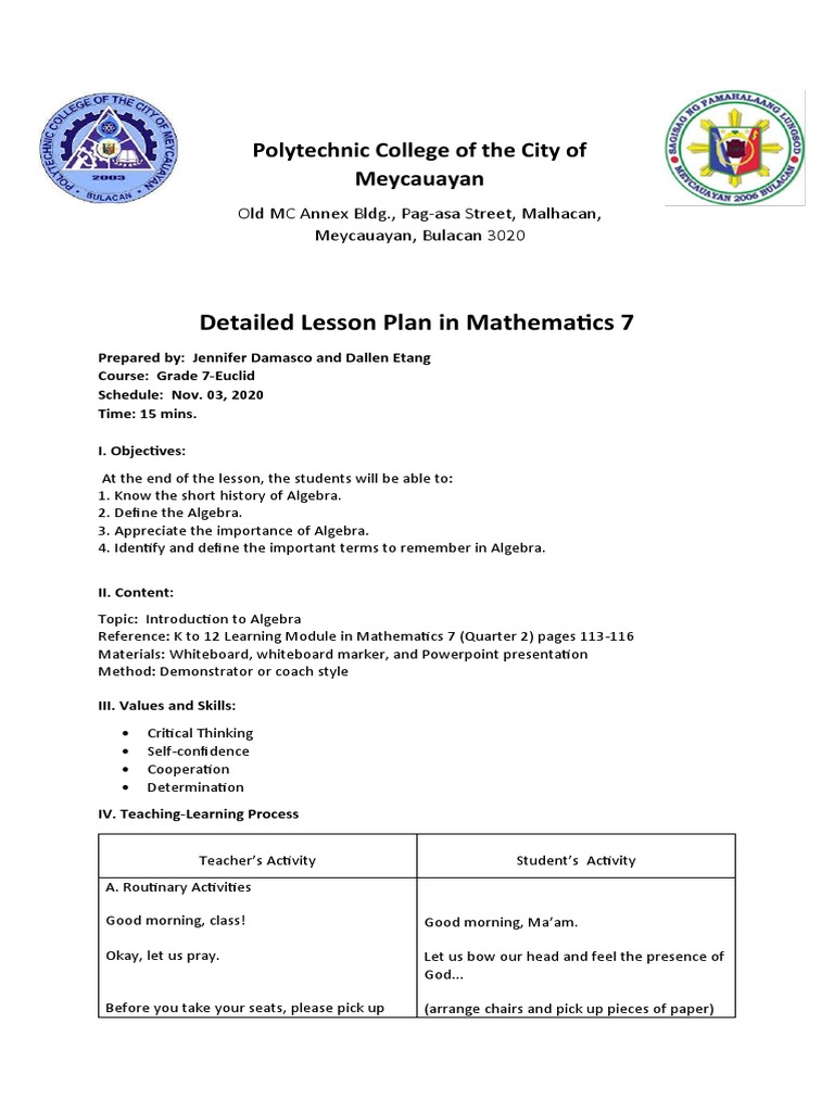Detailed Lesson Plan in Mathematics 7 | PDF | Variable (Mathematics ...
