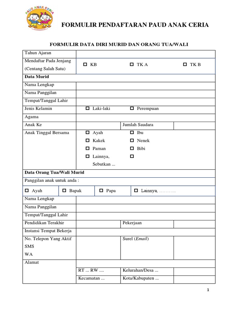 Contoh Formulir-Pendaftaran-PAUD-Anak-Ceria-2019-2020 | PDF