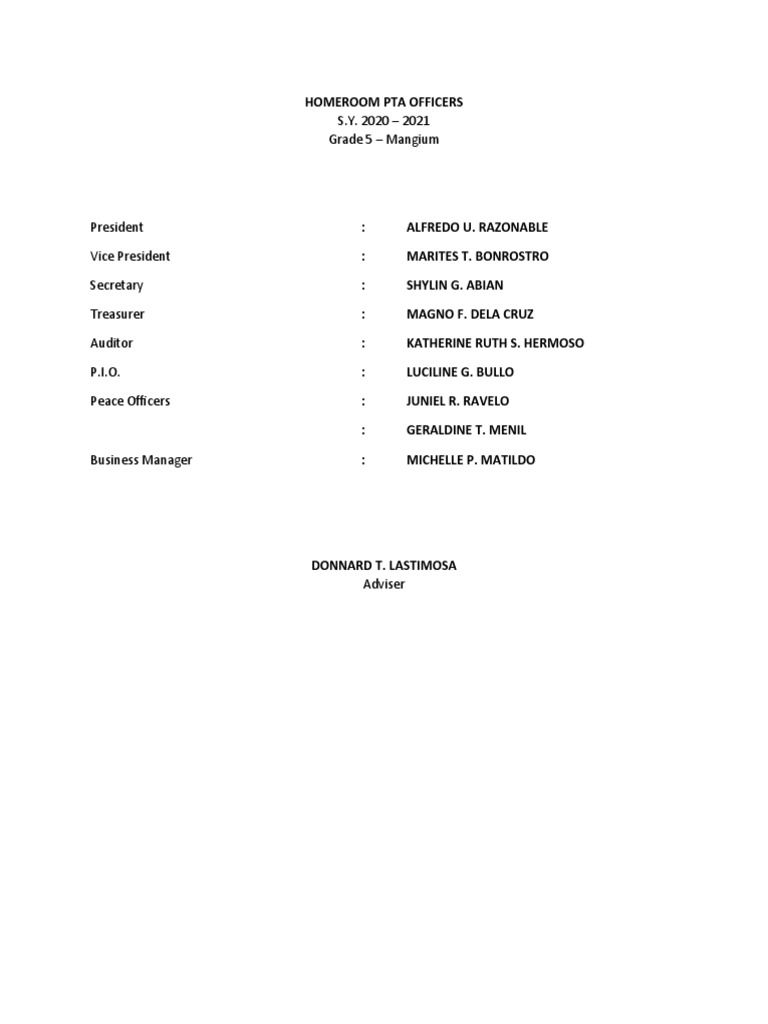 Homeroom Pta Officers