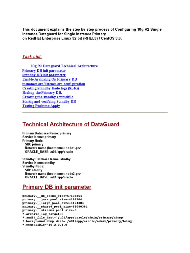 Configuring Oracle 10g R2 Single Instance Dataguard A Step By Step Guide To Setting Up Single