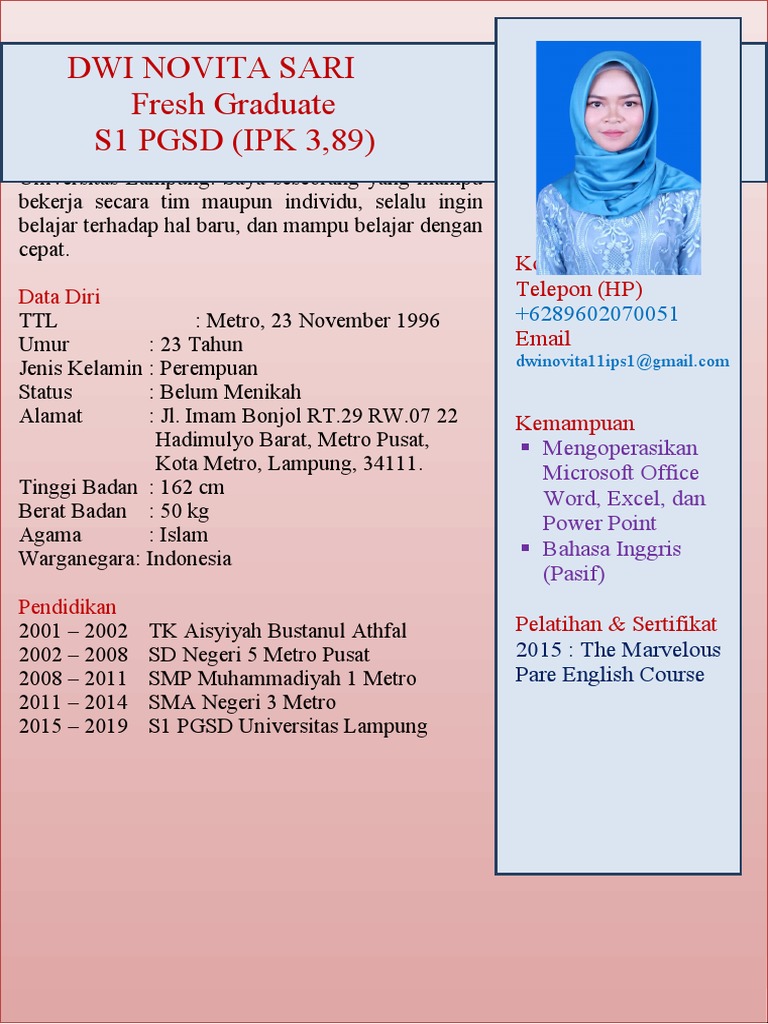 Dwi Novita Sari Fresh Graduate S1 PGSD (IPK 3,89) : Tentang Saya | PDF
