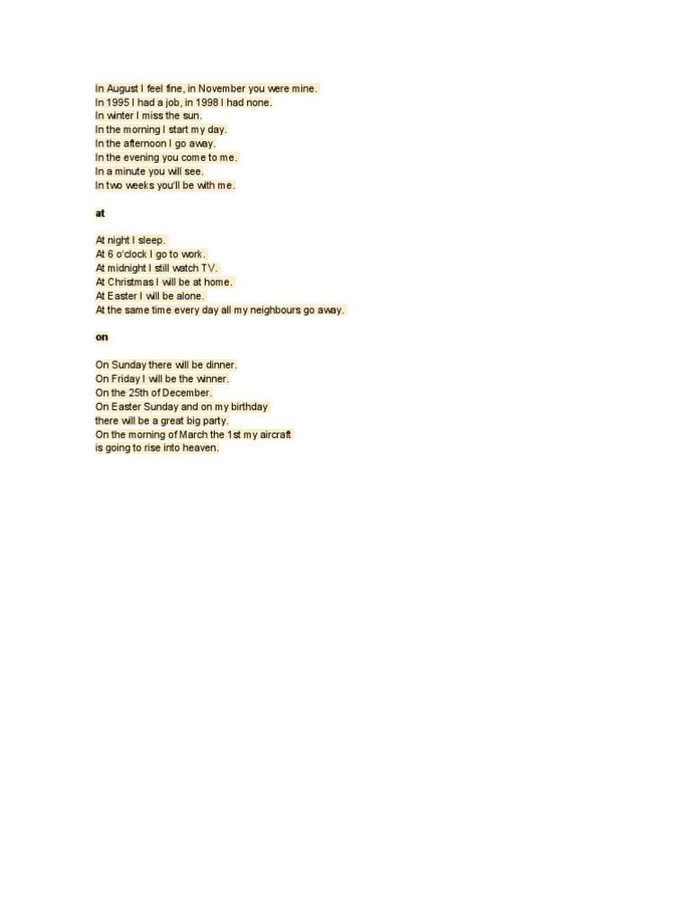 Prepositions of Time Lyrics Song Complete | PDF