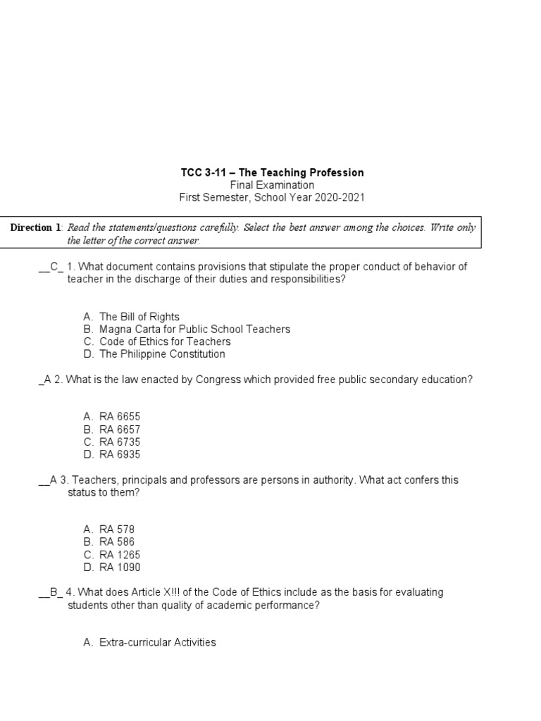 TCC 3-11 Final Exam: Concise for Teaching Profession Exam | PDF ...