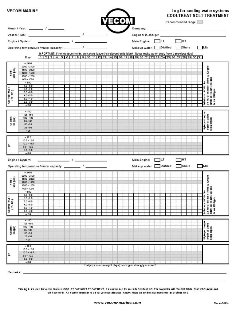 Vecom Marine Log For Cooling Water Systems Cooltreat NCLT Treatment | PDF | Water | Chemical ...