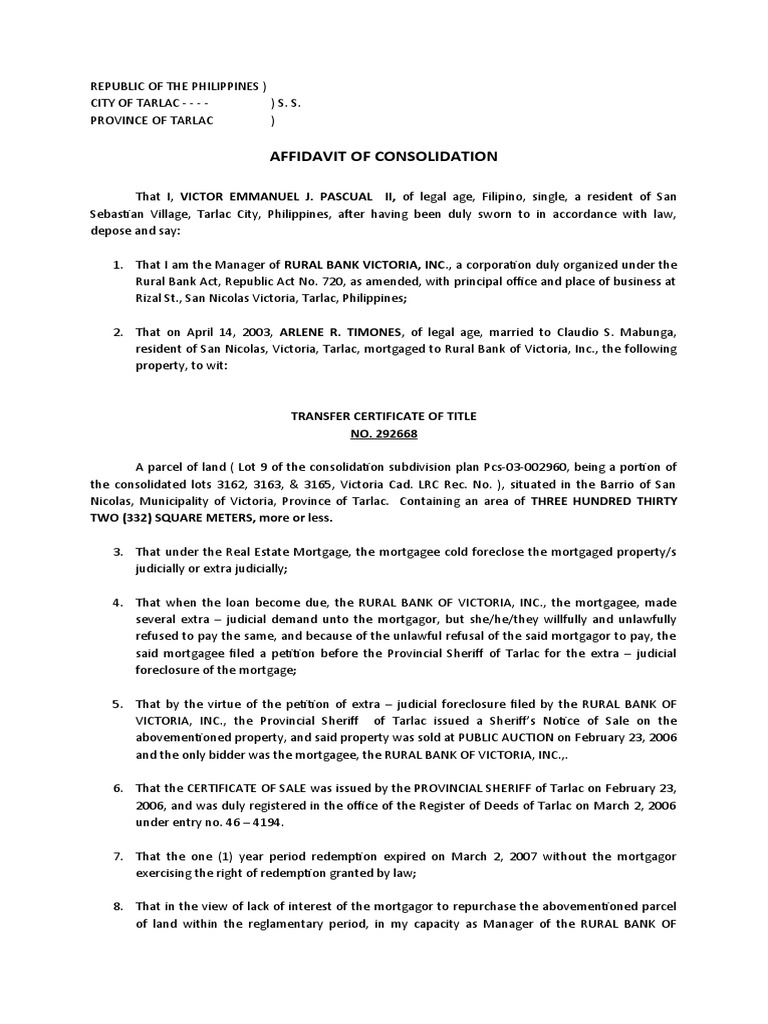 Affidavit of Consolidation - Pascual II | PDF | Mortgage Law | Foreclosure