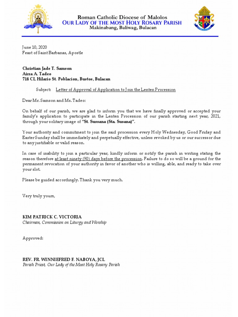 Approval Letter Lenten Procession | PDF