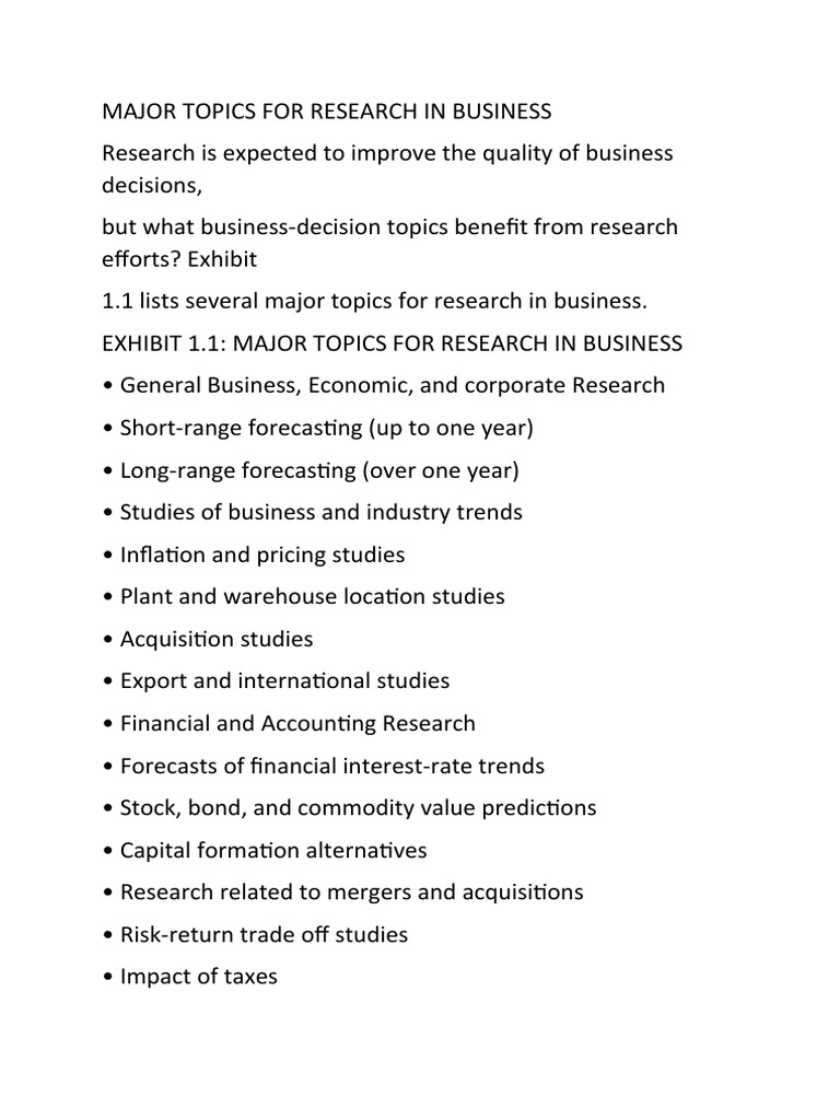 Major Topics For Research in Business | PDF | Career & Growth | Finance ...