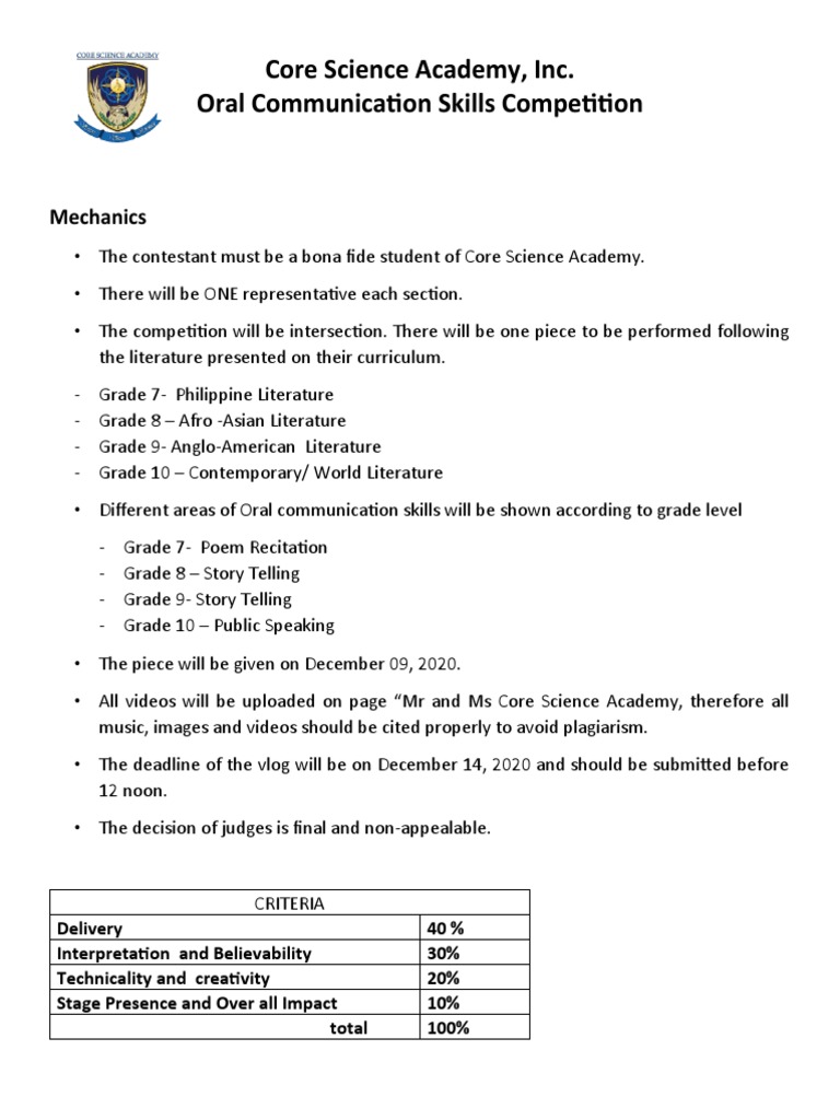 Core Science Academy, Inc. Oral Communication Skills Competition | PDF