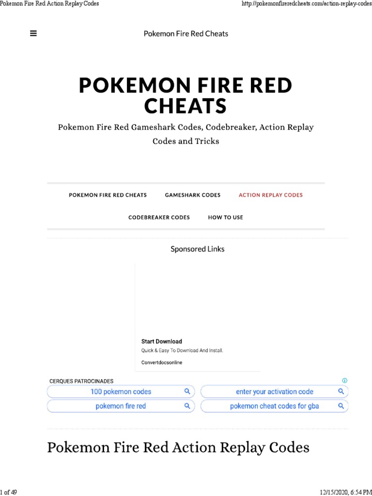 Pokemon Fire Red Action Replay Codes | PDF | Game Design | Video Game ...
