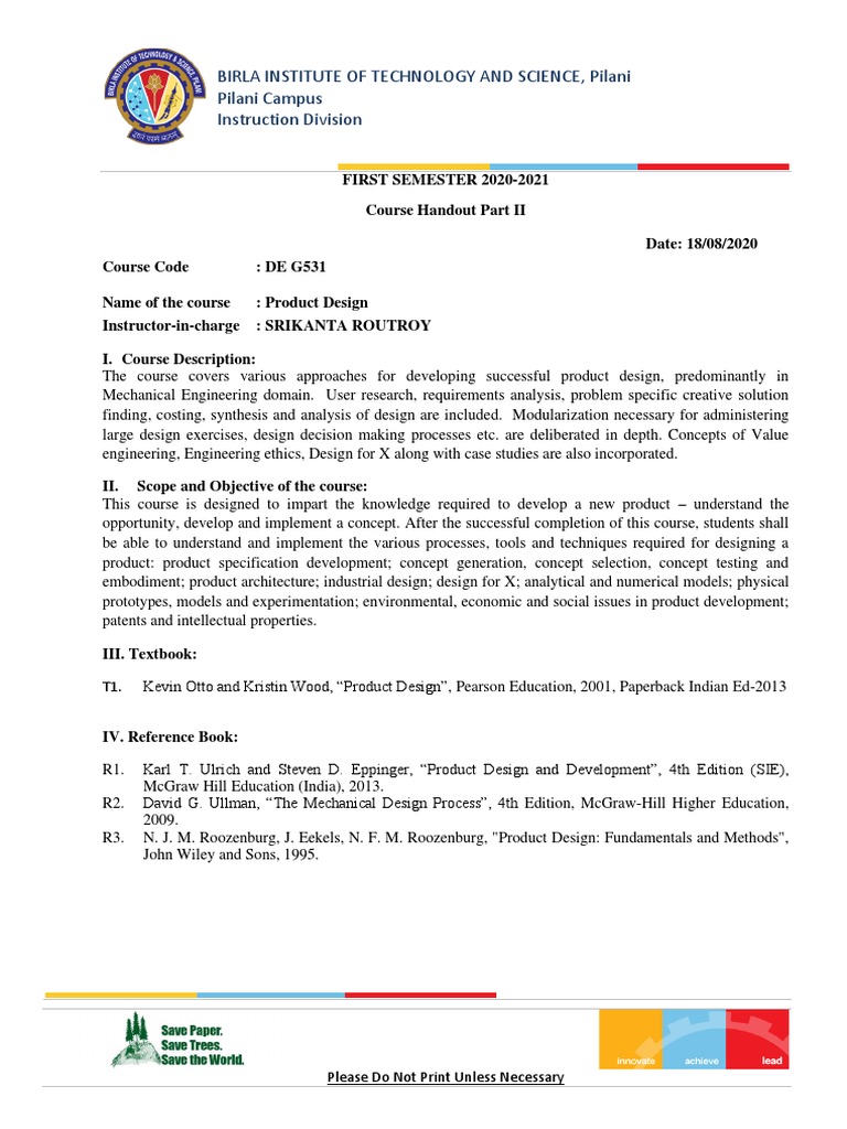 Product Design Course Handout Bits Pilani | PDF