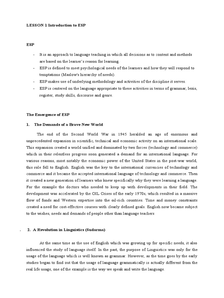 LESSON 1 Introduction To ESP | PDF | Language Education | Linguistics