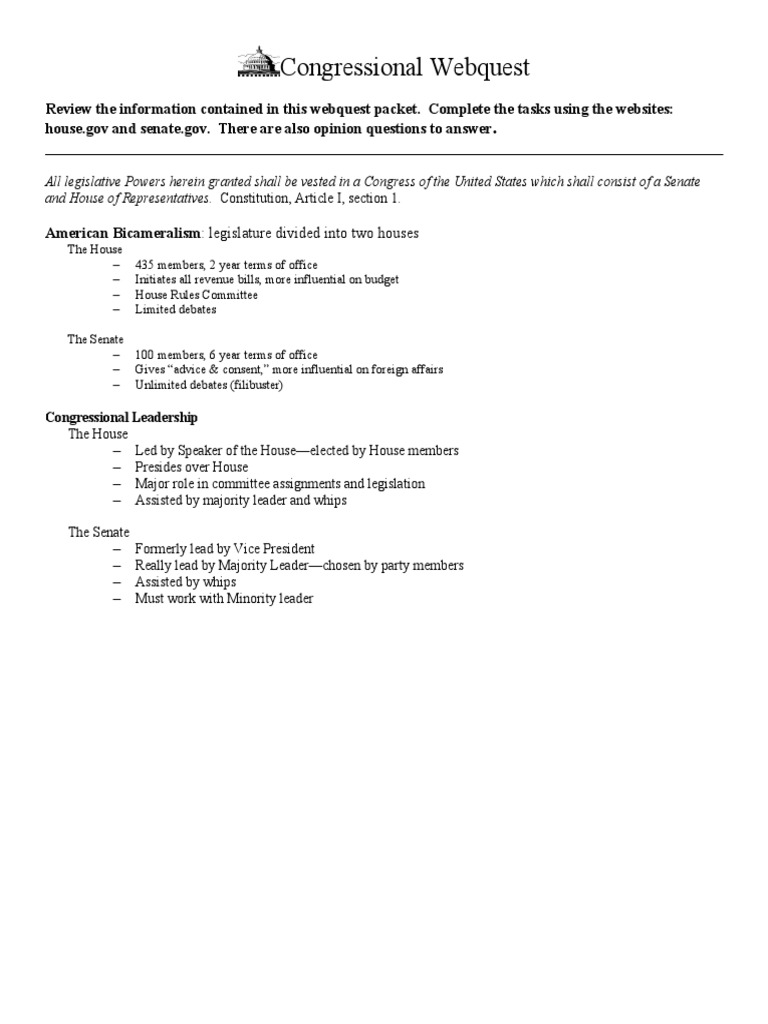 Congressional Webquest Overview | PDF | Party Leaders Of The United ...