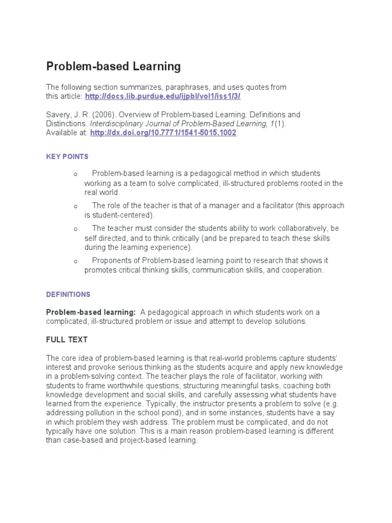 Problem-Based Learning | PDF | Project Based Learning | Education Theory