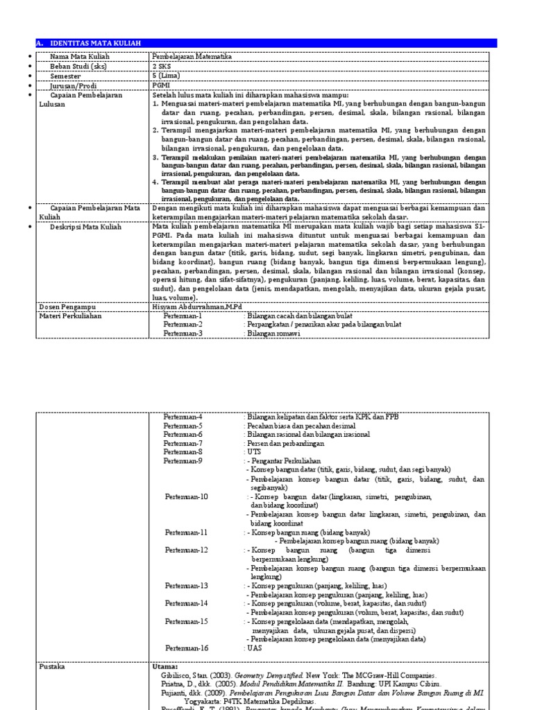 RPS-pembelajaran Matematika PGMI | PDF | Metode & Bahan Ajar