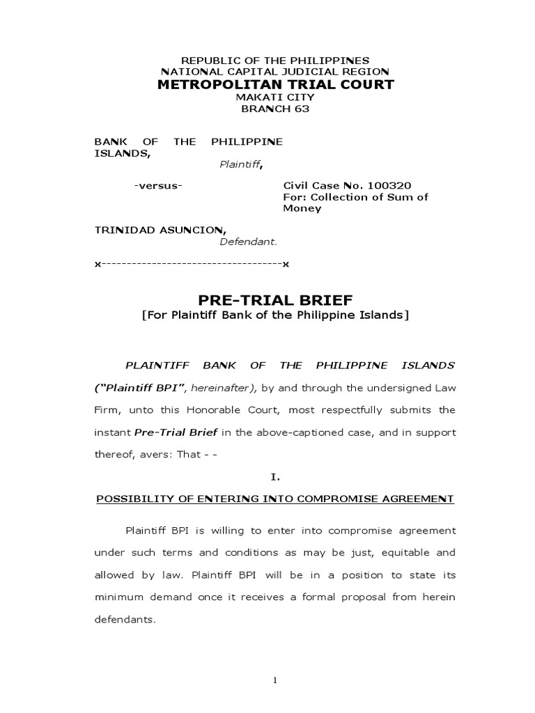 BPI vs. Asuncion: Pre-Trial Brief | PDF | Complaint | Lawsuit