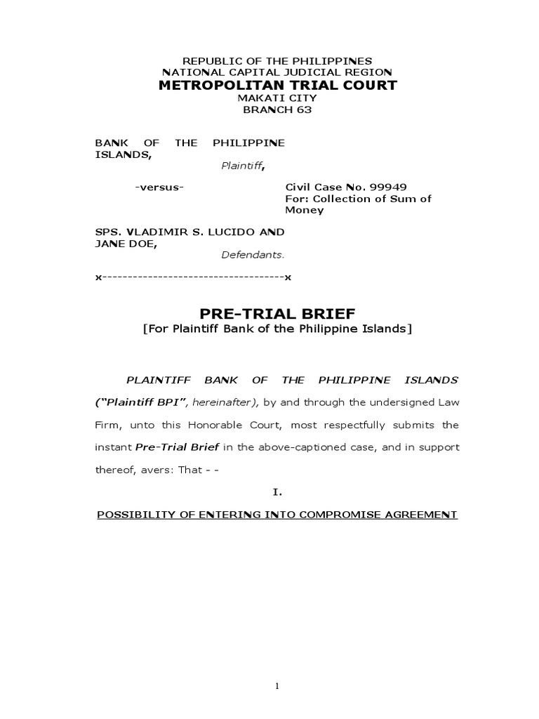 BPI vs. Lucido: Pre-Trial Brief | PDF | Complaint | Credit Card