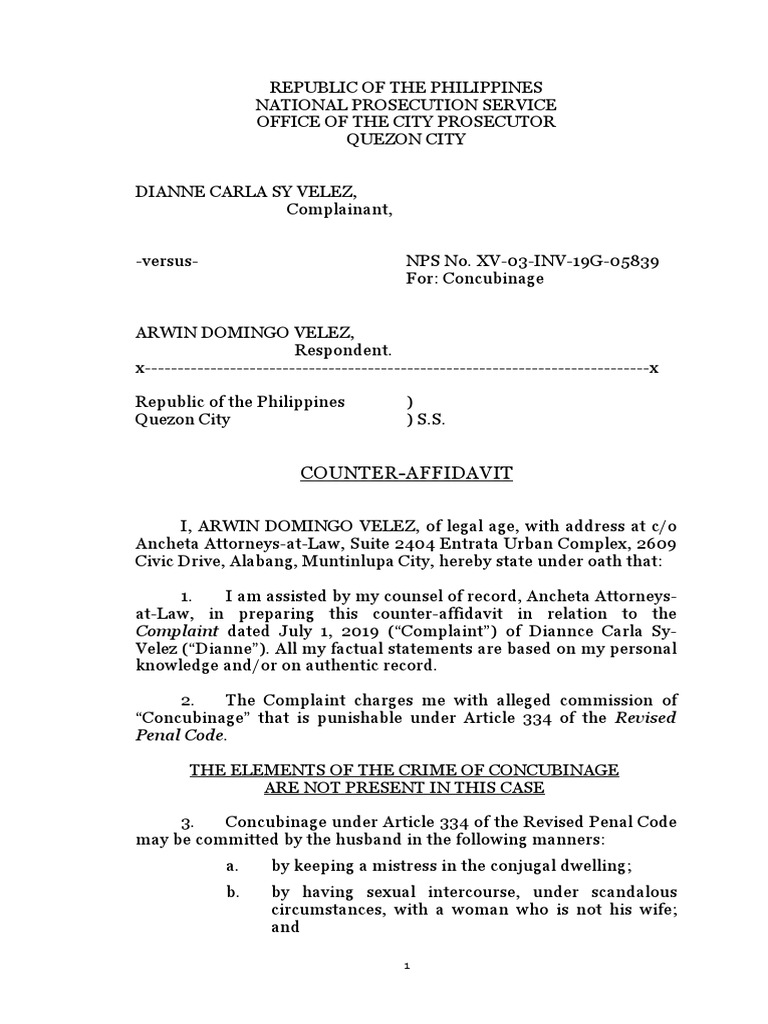 Respondent Arwin Domingo Velez's Counter-Affidavit Denying the Charges of Concubinage Brought ...