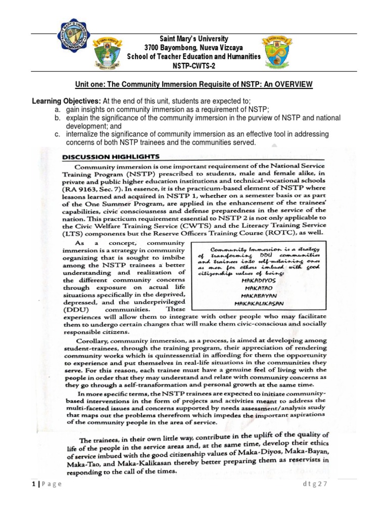 Lesson 1-The Community Immersion Requisite of NSTP | PDF