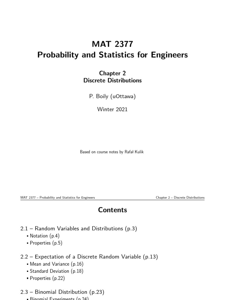 Mat2377 Ch2 Discrete Random Variables | PDF | Probability Distribution | Random Variable
