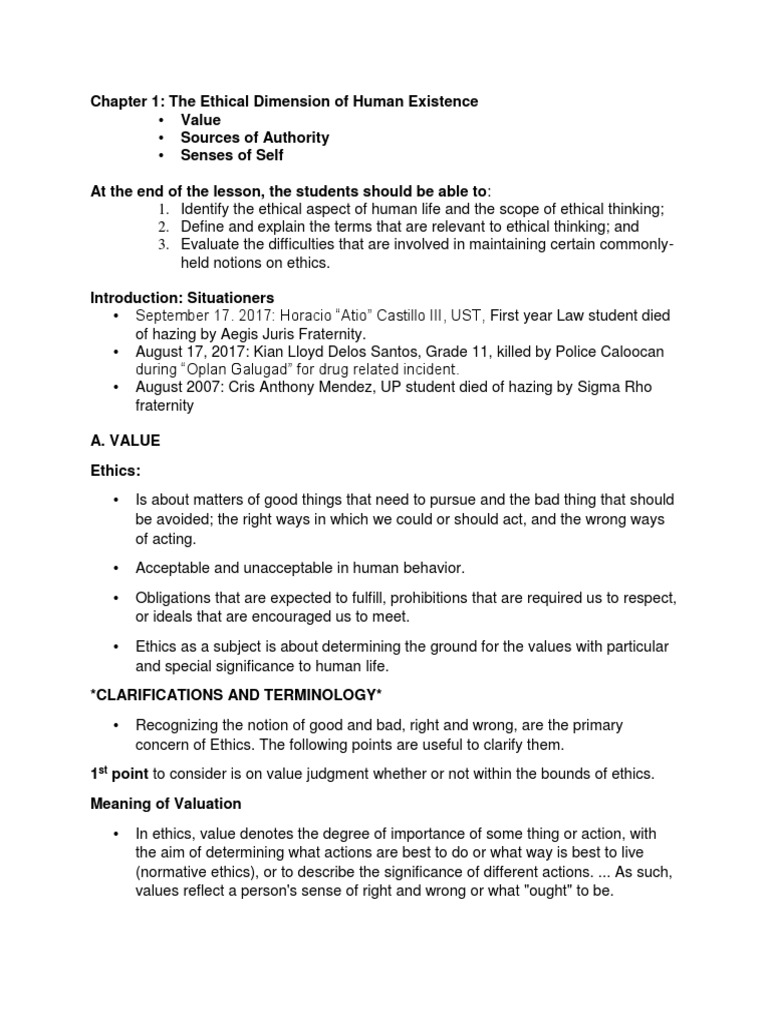 Chapter 1 Ethical Dimension of Human Existence | PDF | Psychological ...