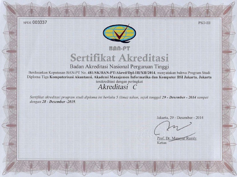 Sertifikat Akreditasi AMIK BSI Jakarta, Komputerisasi Akuntansi (C), 29 ...