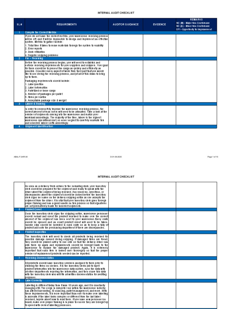 Internal Audit Checklist | PDF | Warehouse | Cargo
