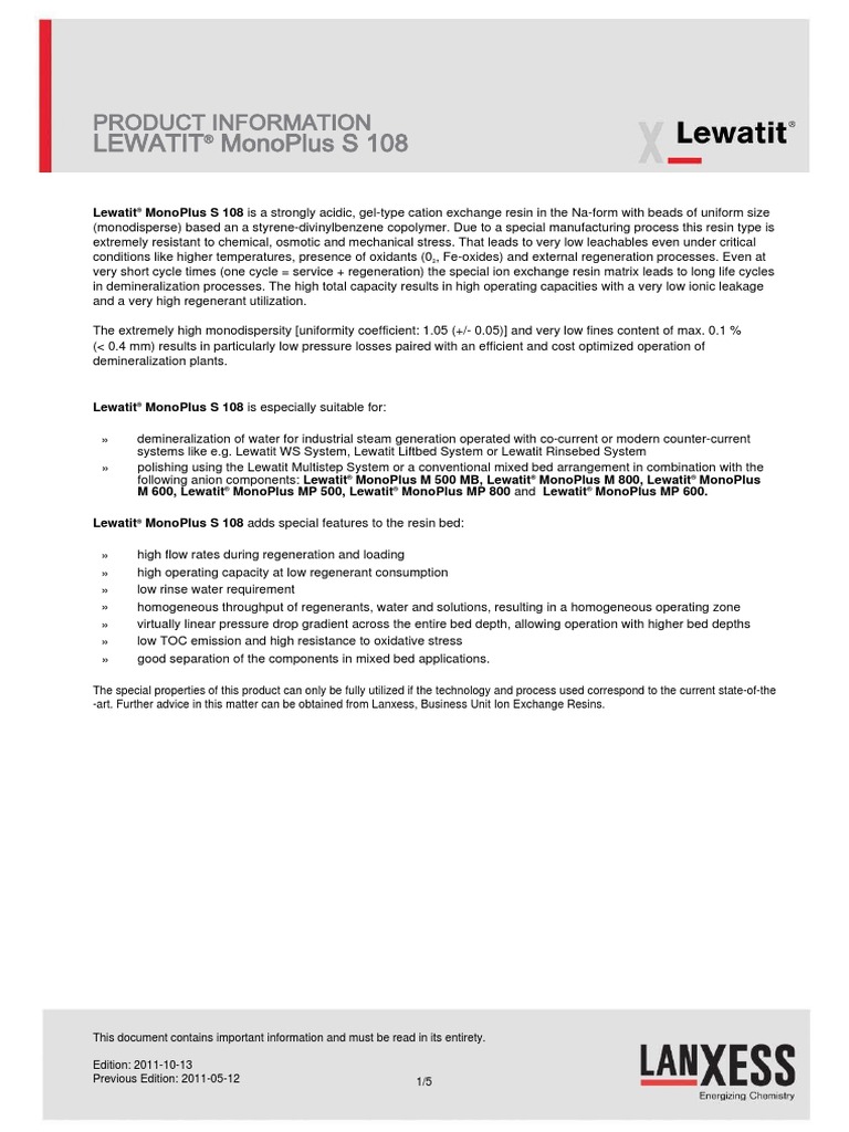 Lewatit MonoPlus S 108 Na L | PDF | Ion Exchange | Sulfuric Acid