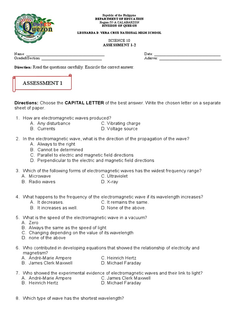 Science 10: Electromagnetic Waves Quiz | PDF | Electromagnetic ...