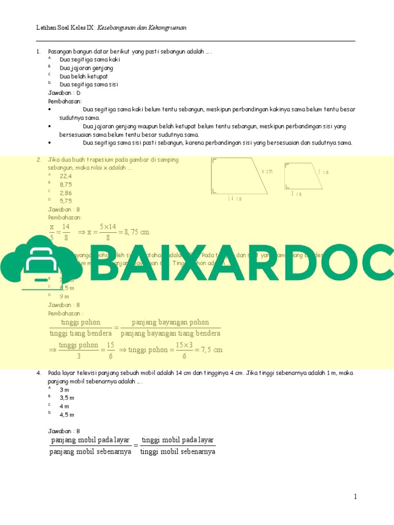 Soal Dan Pembahasan Kesebangunan Dan Kekongruenan Kelas Ix | PDF