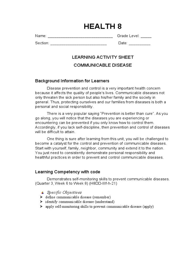 Health 8: Learning Activity Sheet Communicable Disease | PDF ...