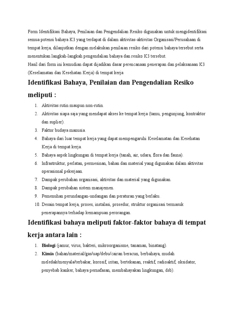 Identifikasi Bahaya, Penilaian Dan Pengendalian Resiko and Form | PDF | Sains & Matematika