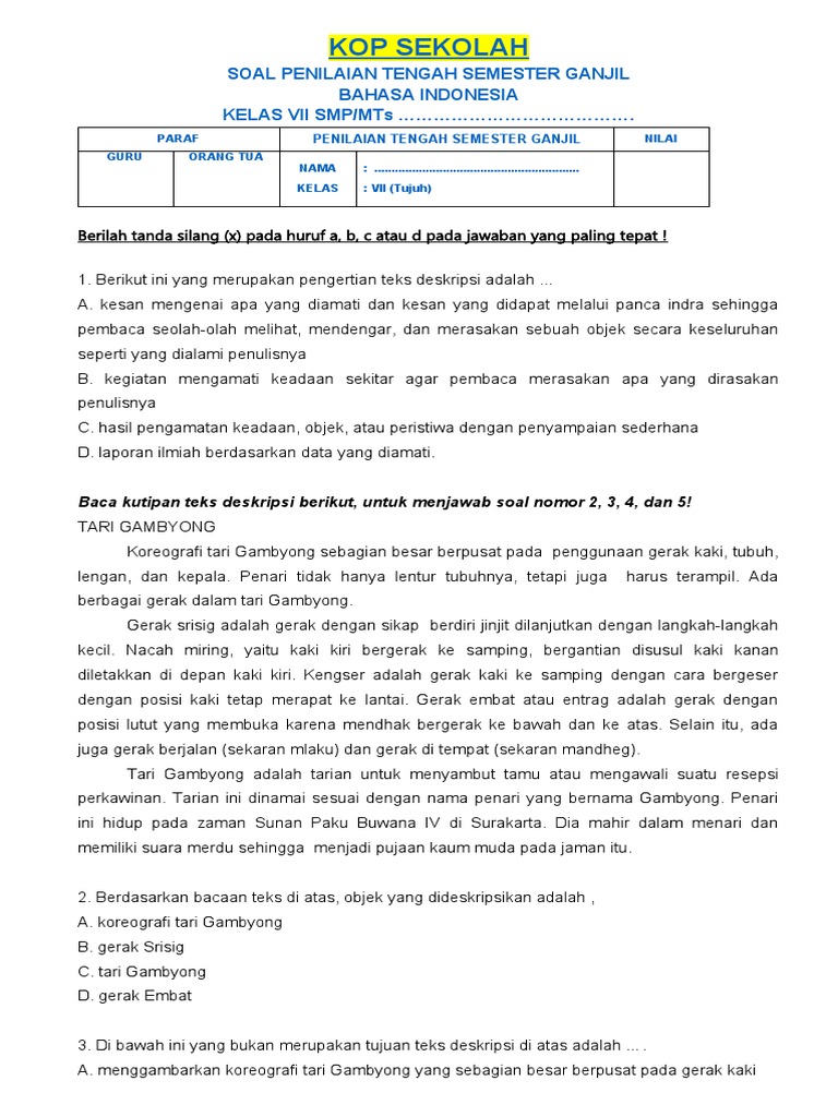 7 - Soal Pts B Indonesia Kelas 7 Semester 1 | PDF