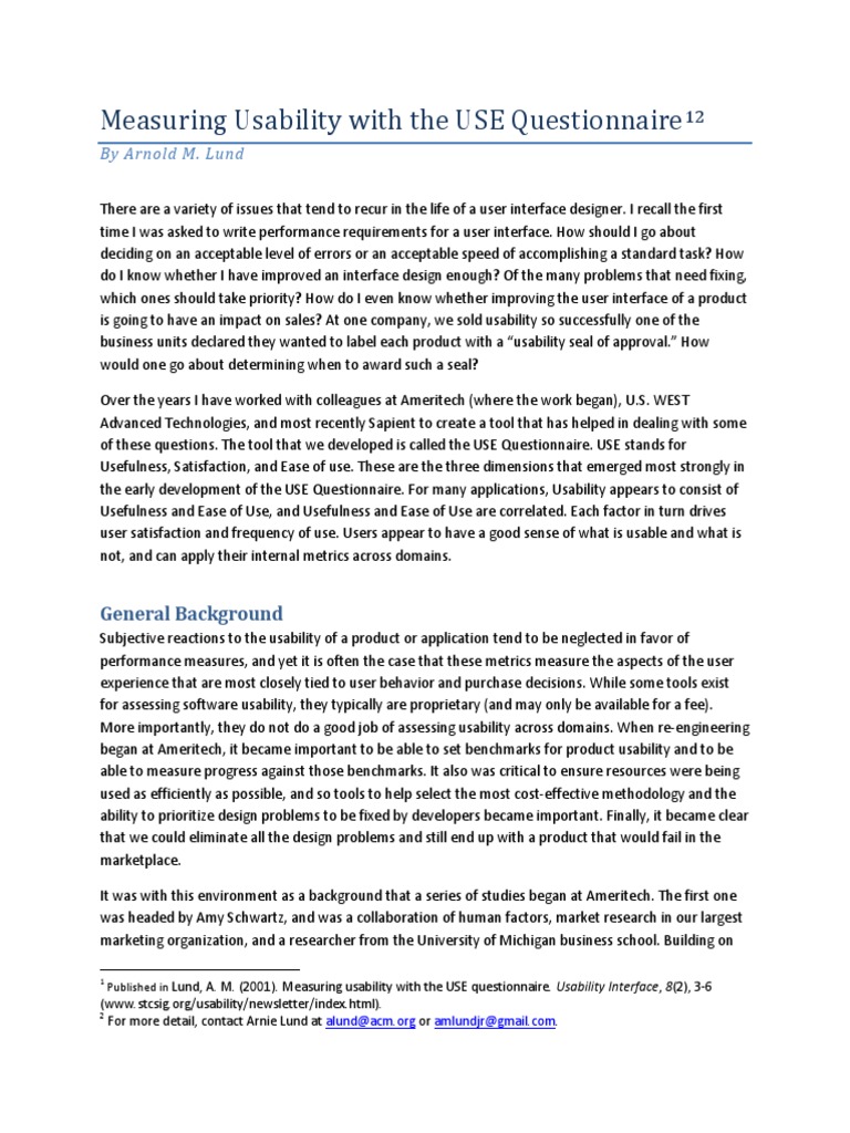 Measuring Usability With The USE Questionnaire: by Arnold M. Lund | PDF | Usability | Customer ...