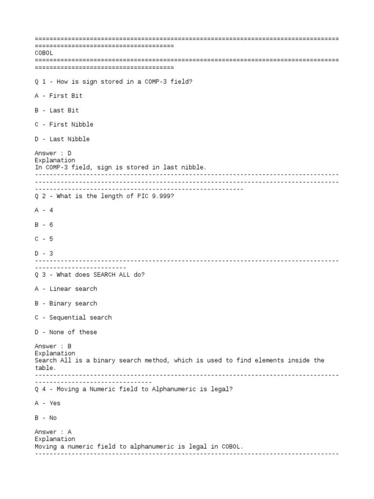 Cobol Quiz Pdf Binary Coded Decimal Control Flow