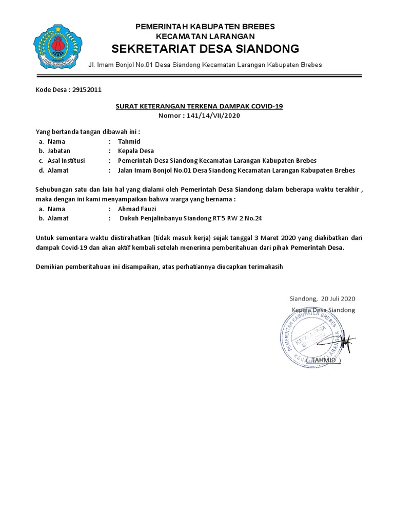Contoh Surat Keterangan Terkena Dampak Covid-19 | PDF