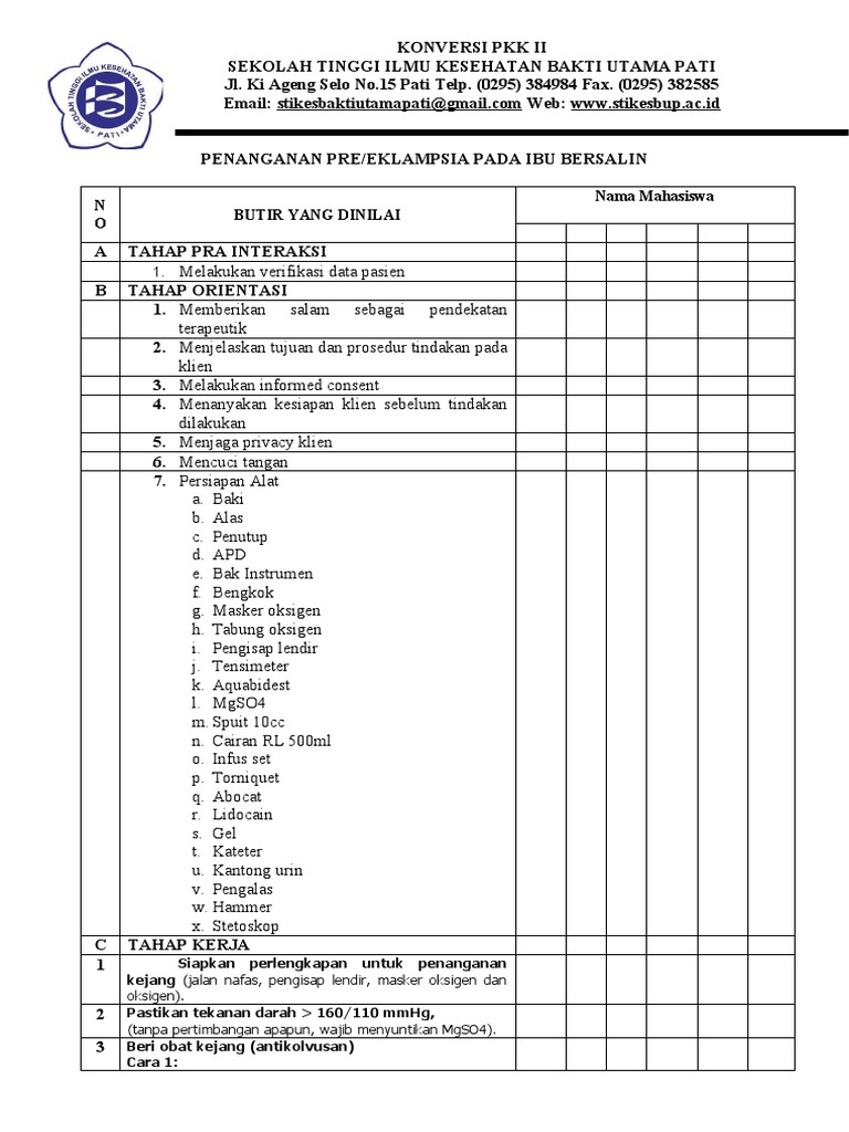 CEKLIST Eklamsi&eklapsia BULIN | PDF