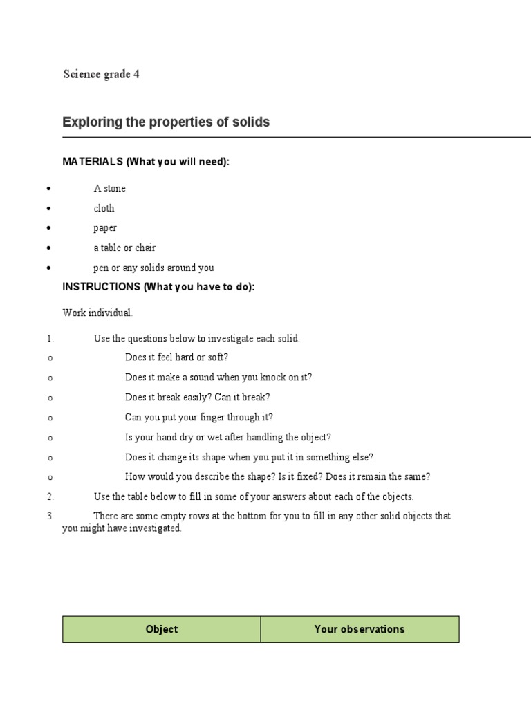 Exploring The Properties of Solids: Science Grade 4 | PDF | Beverages ...