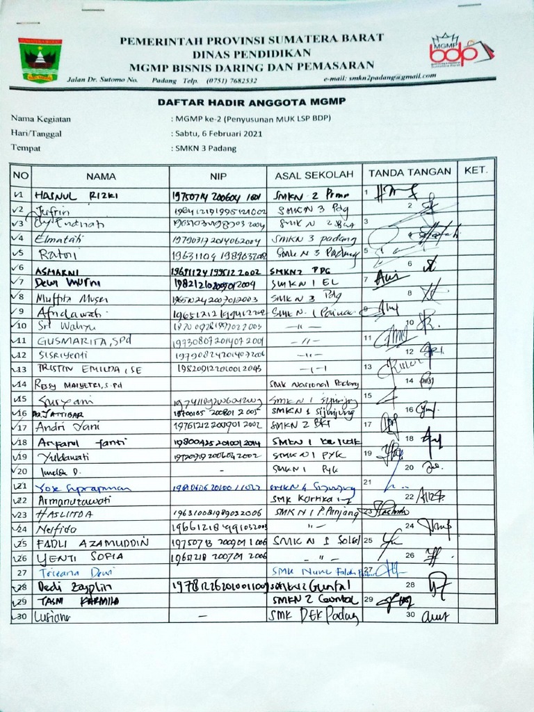 Contoh Absensi Kegiatan MGMP | PDF