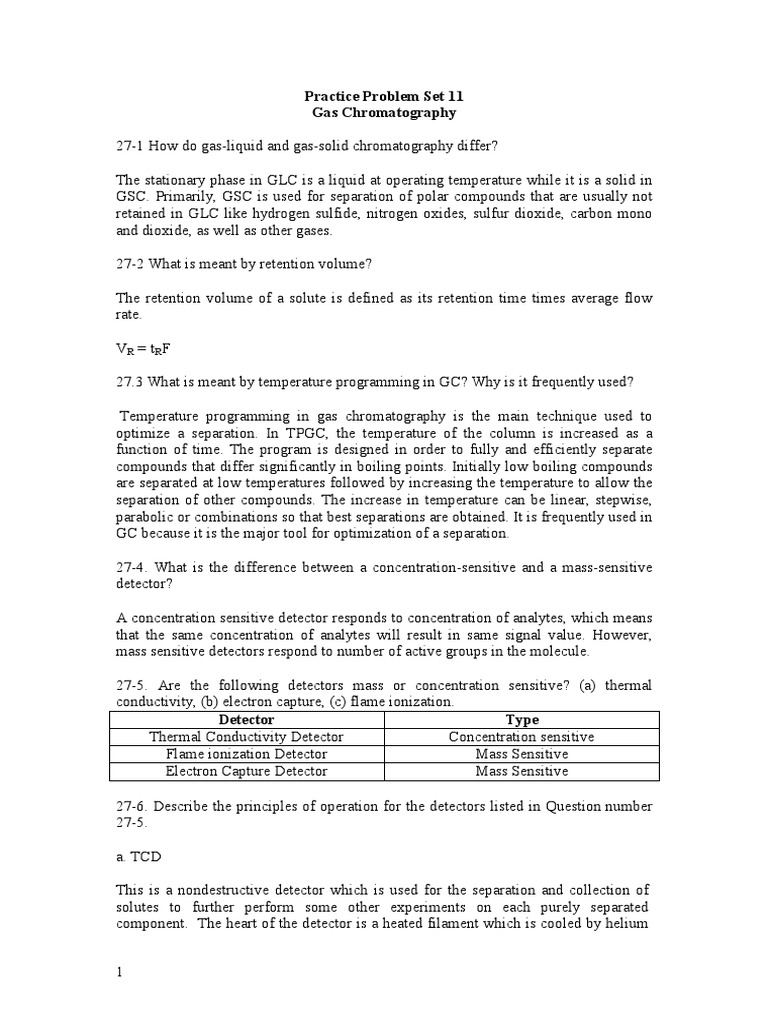 Practice Problem Set 11 Gas Chromatography Pdf Gas Chromatography Chromatography