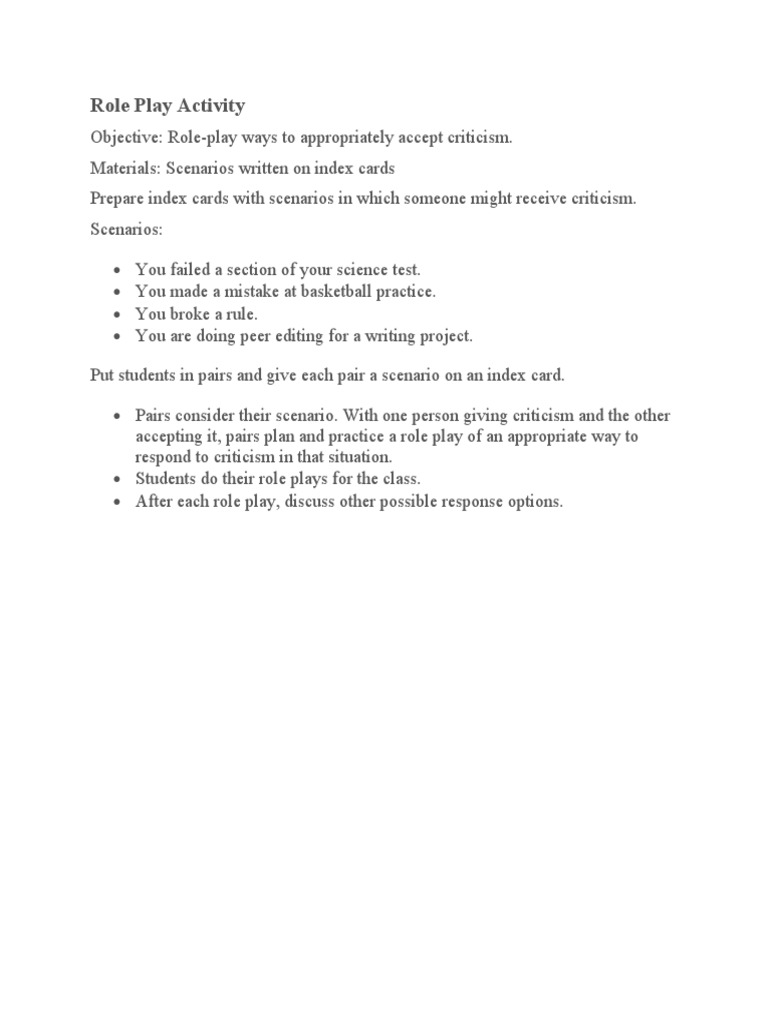 Role Play Activity - Accepting Criticism | PDF