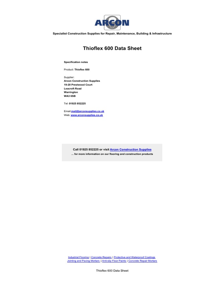 Thioflex 600 Data Sheet: Specialist Construction Supplies For Repair, Maintenance, Building ...