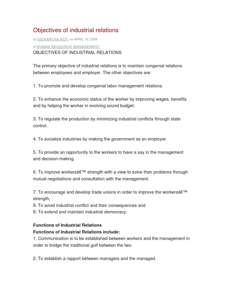 Objectives of Industrial Relations | Industrial Relations | Trade Union