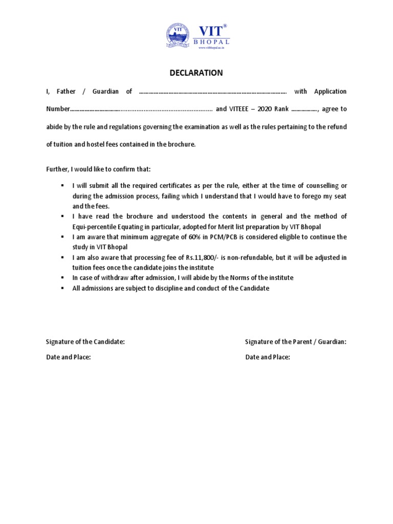 VIT Hostel Declaration Form For B.TECH | PDF | Career & Growth